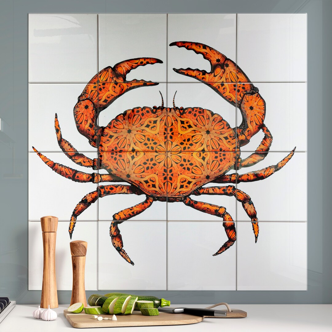 Crab Tile Mural - Orange Red Crab - Set of 16 Wall Tiles - Chef Mural ...