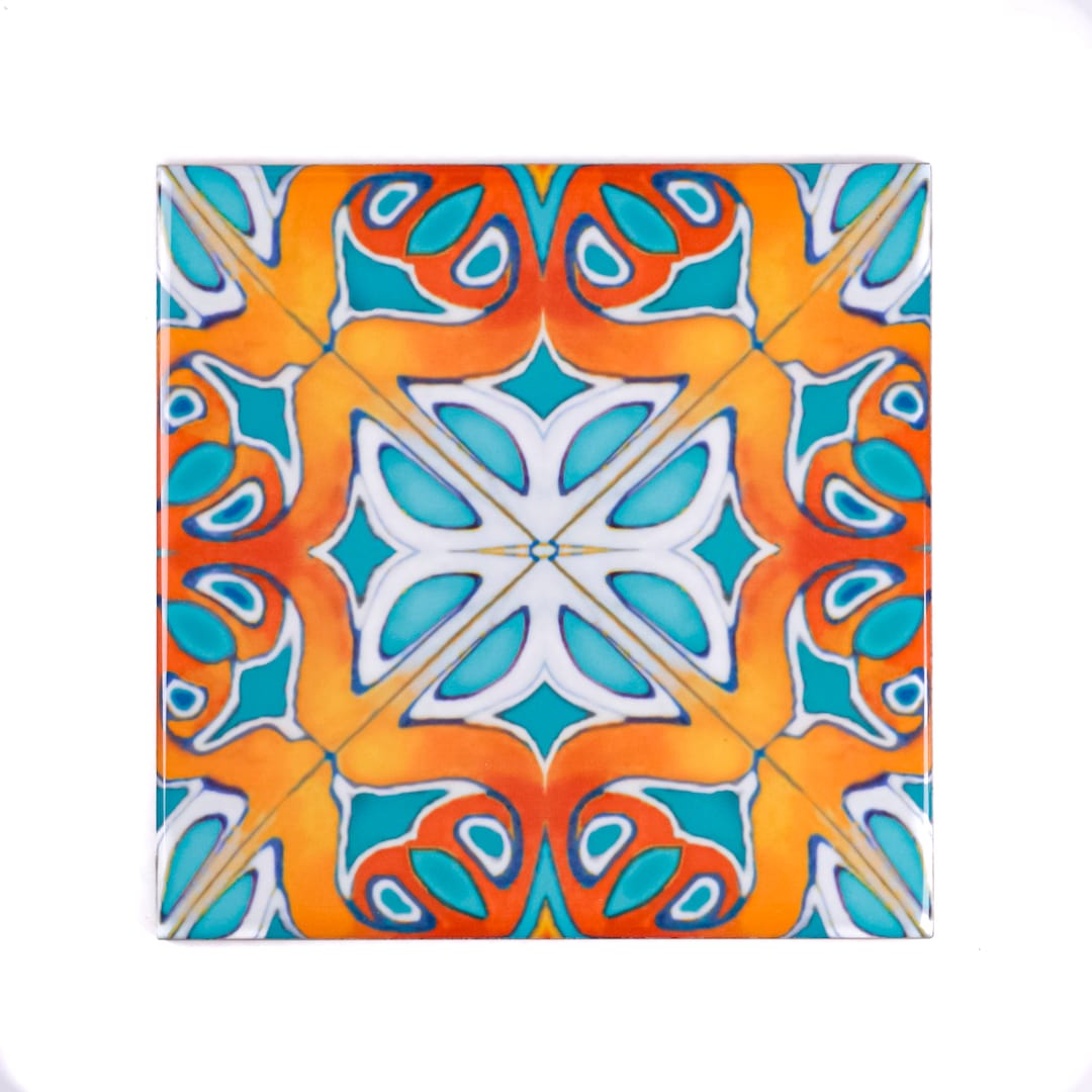 Colourful Moroccan Tiles, Handprinted Blue Orange Ceramic Tiles, Rustic ...