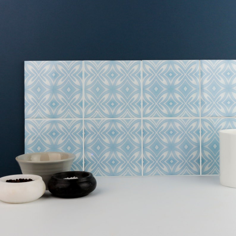 Pale Blue and Grey Hand Printed Ceramic Tiles, 10cm 4 Inch Decorative ...