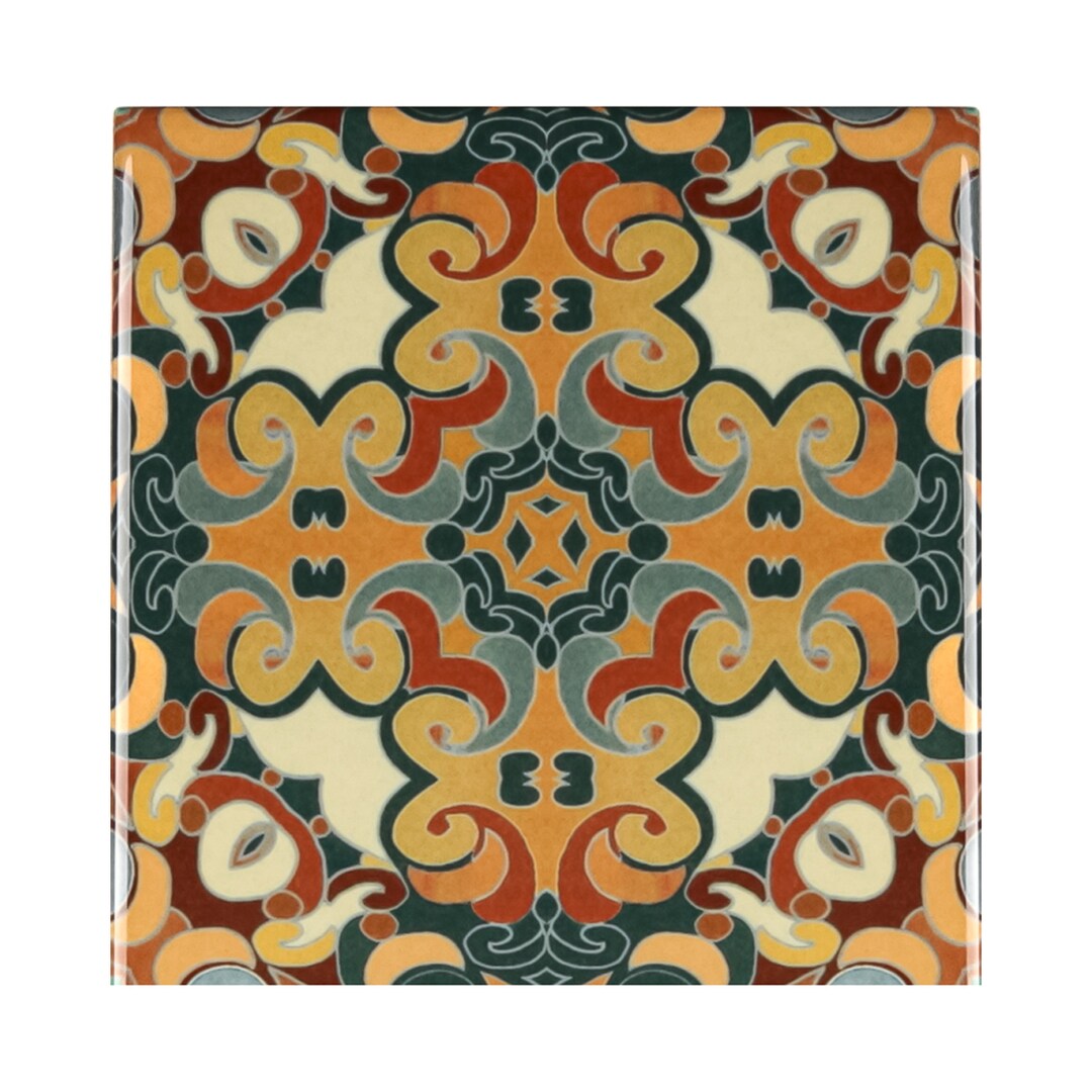 Oriental Pattern Ceramic Tile, Hand Printed Tile, Ochre Copper Red Grey ...