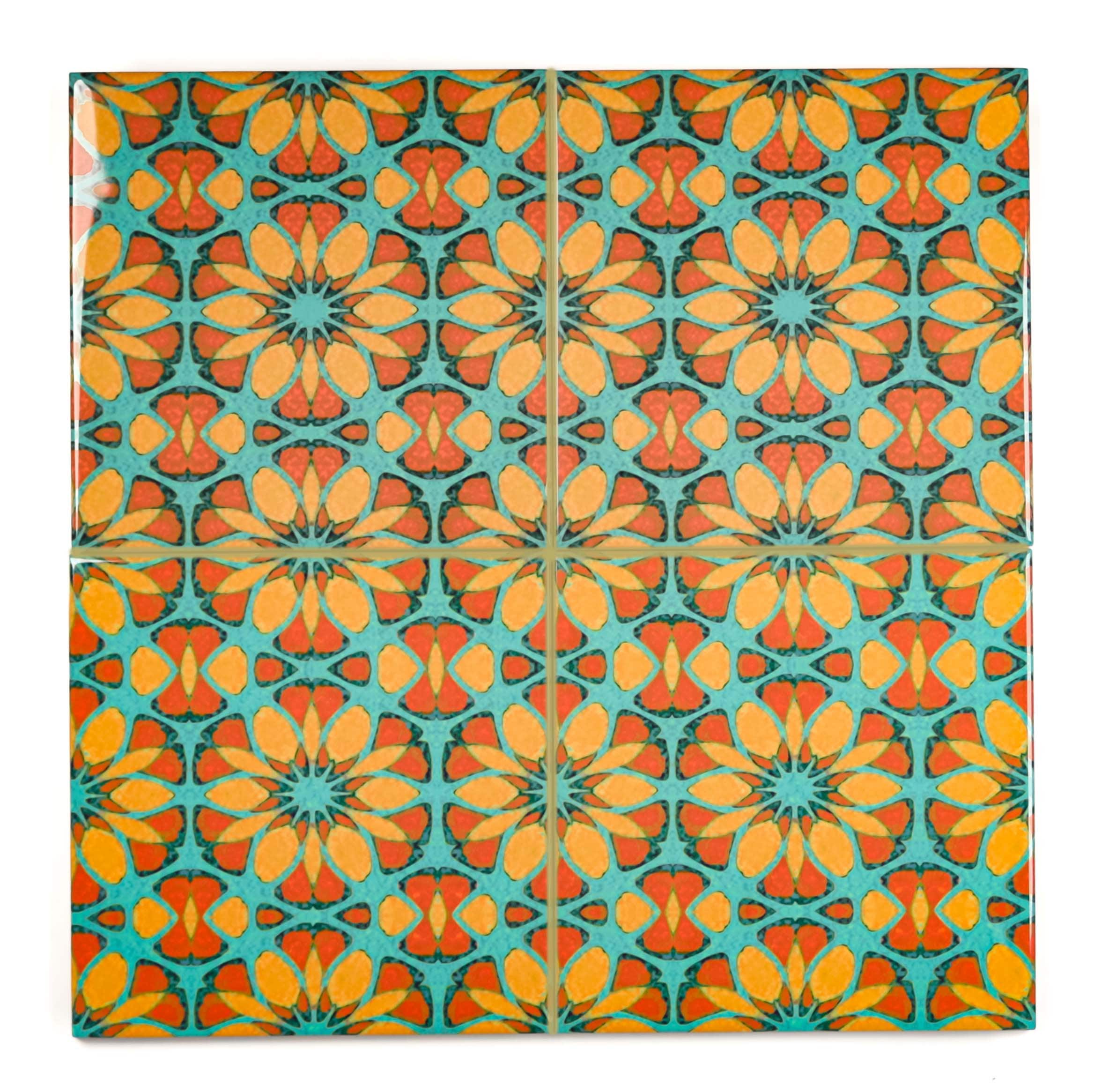 Moroccan Flower Tiles, 6 Inch Blue Orange Ceramic Tiles, Colourful ...