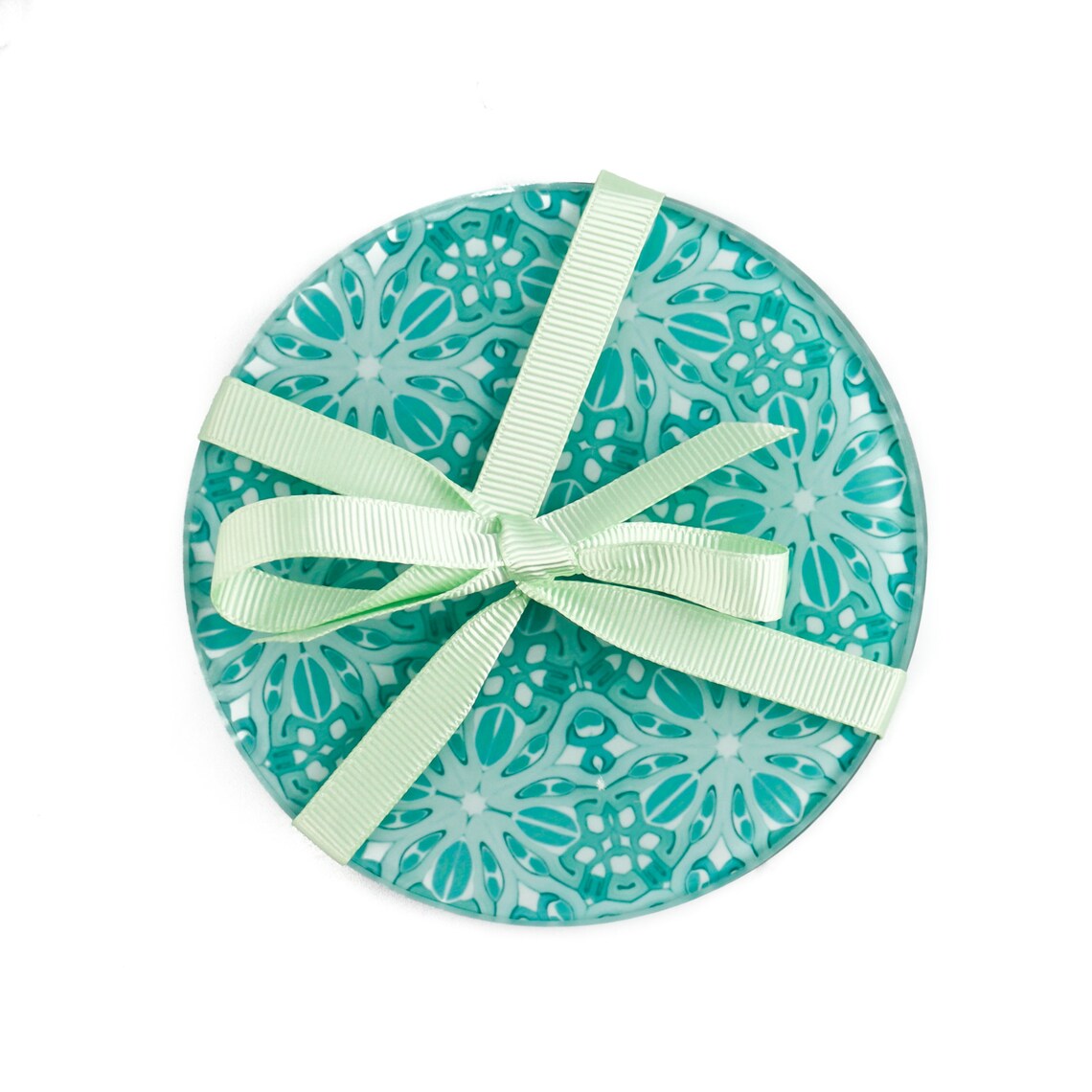 Pretty Coaster Set - Quality Glass Hand Printed Coaster. Turquoise and ...
