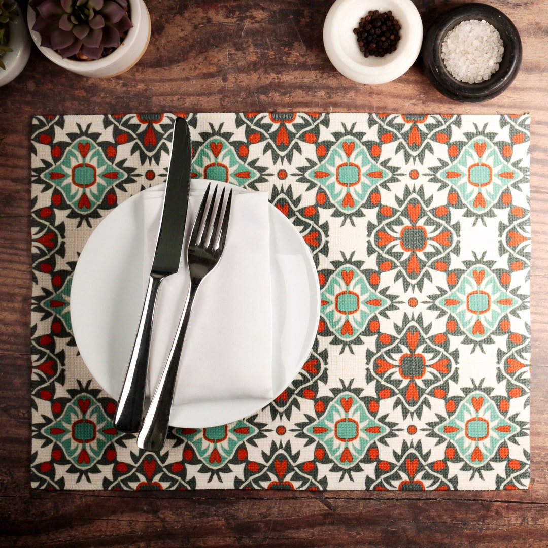 Large Geometric Handprinted Canvas Table Mat. Striking Colourful Design ...