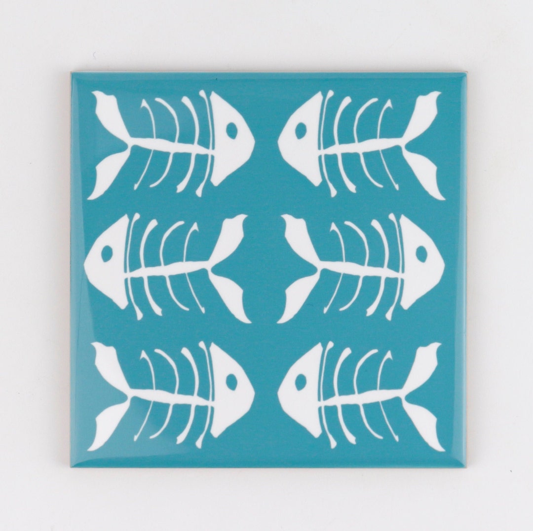 Blue Kitchen Tiles, White Bone Fish on Turquoise Blue Background, Pale ...