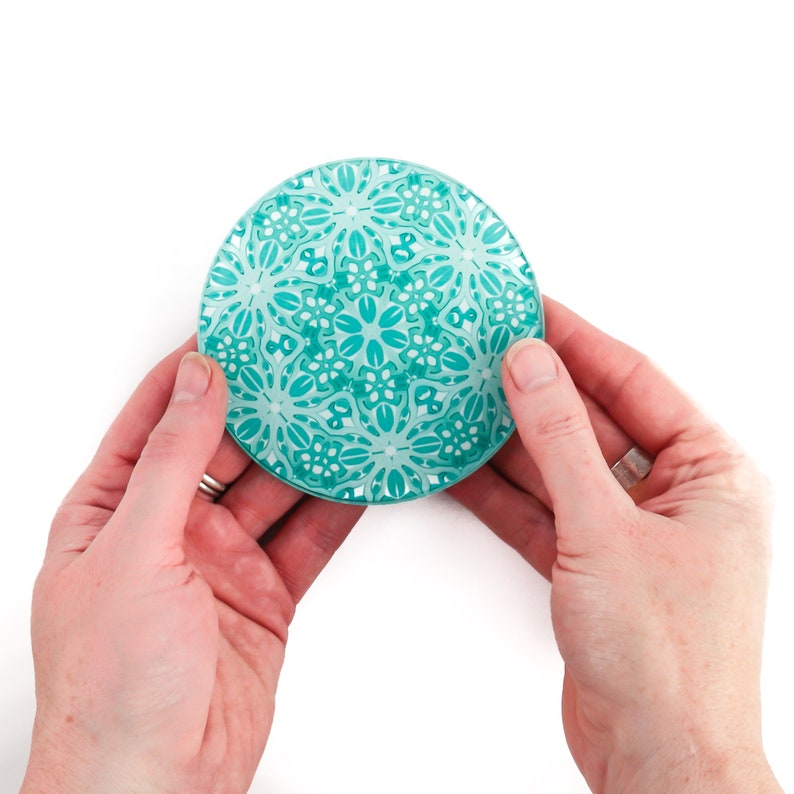 Pretty Coaster Set - Quality Glass Hand Printed Coaster. Turquoise and ...