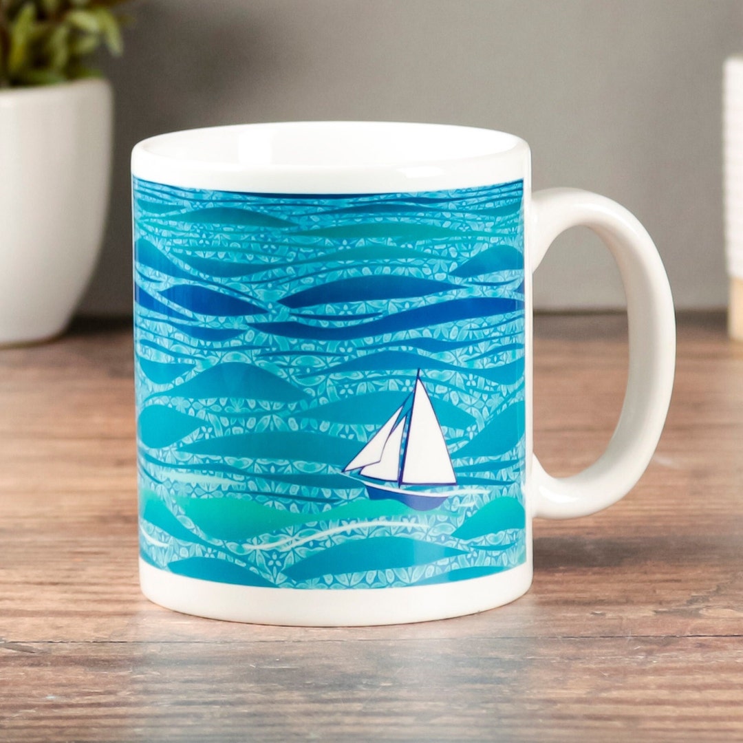 Sailing Away Mug, Seaside Mug, Blue Green Caribbean Sea Design ...