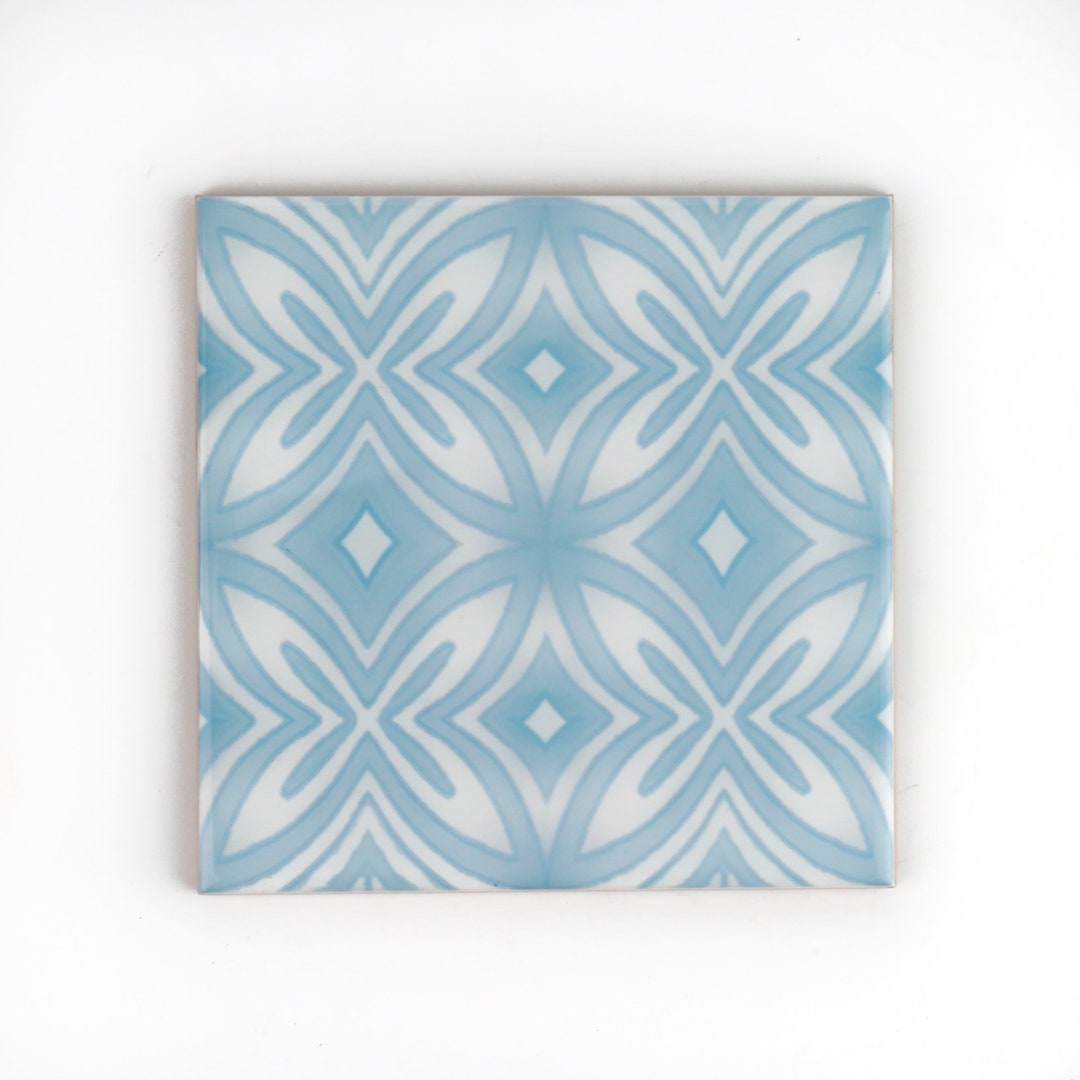 Pale Blue and Grey Hand Printed Ceramic Tiles, 10cm 4 Inch Decorative ...