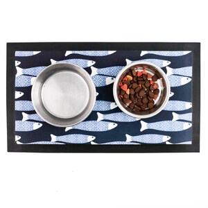 Dark Navy Ocean Fish Cat Food Mat, Waterproof Floor Protector, Artist ...