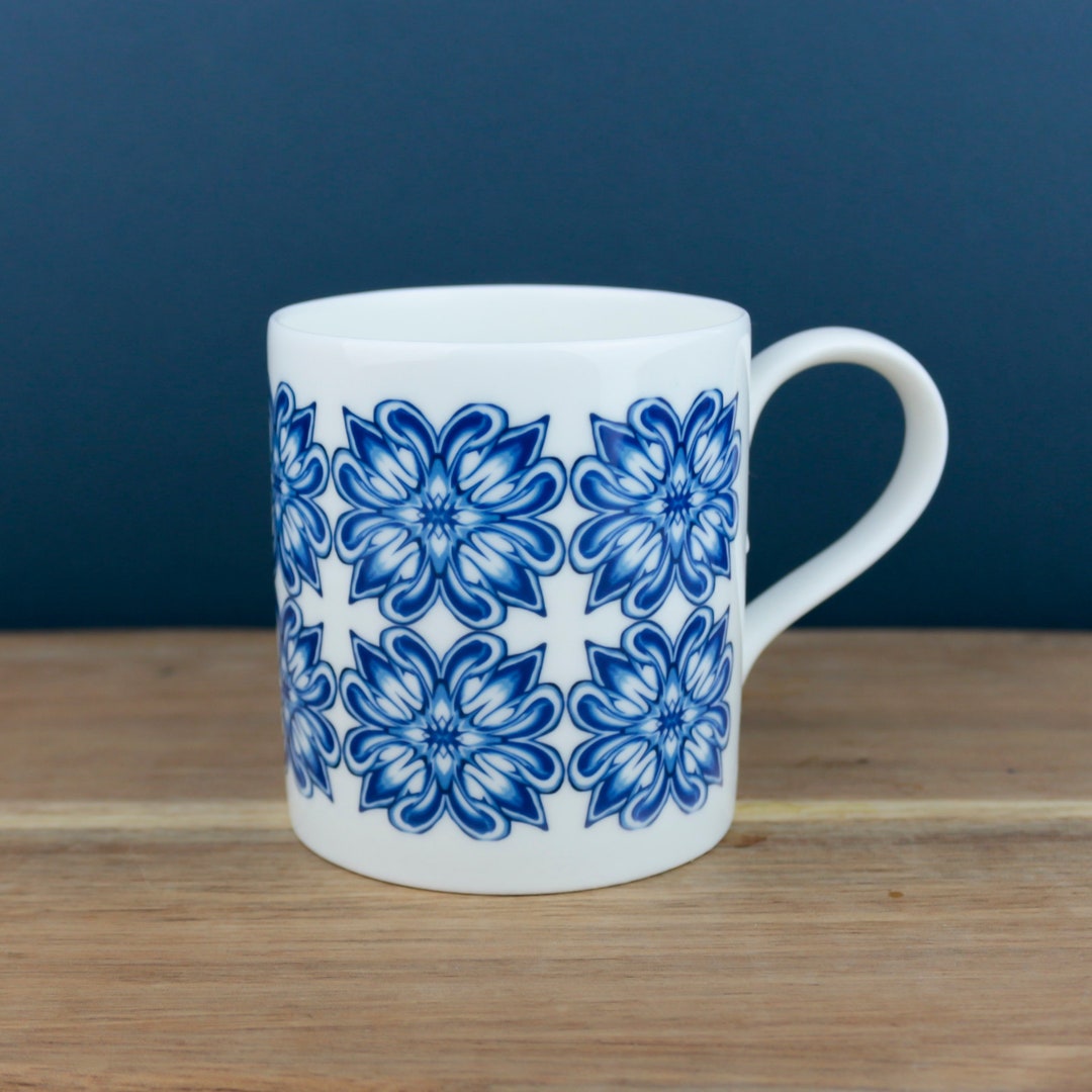 Large Blue Bone China Mug - Pretty Flower Design - Navy Blue and White ...