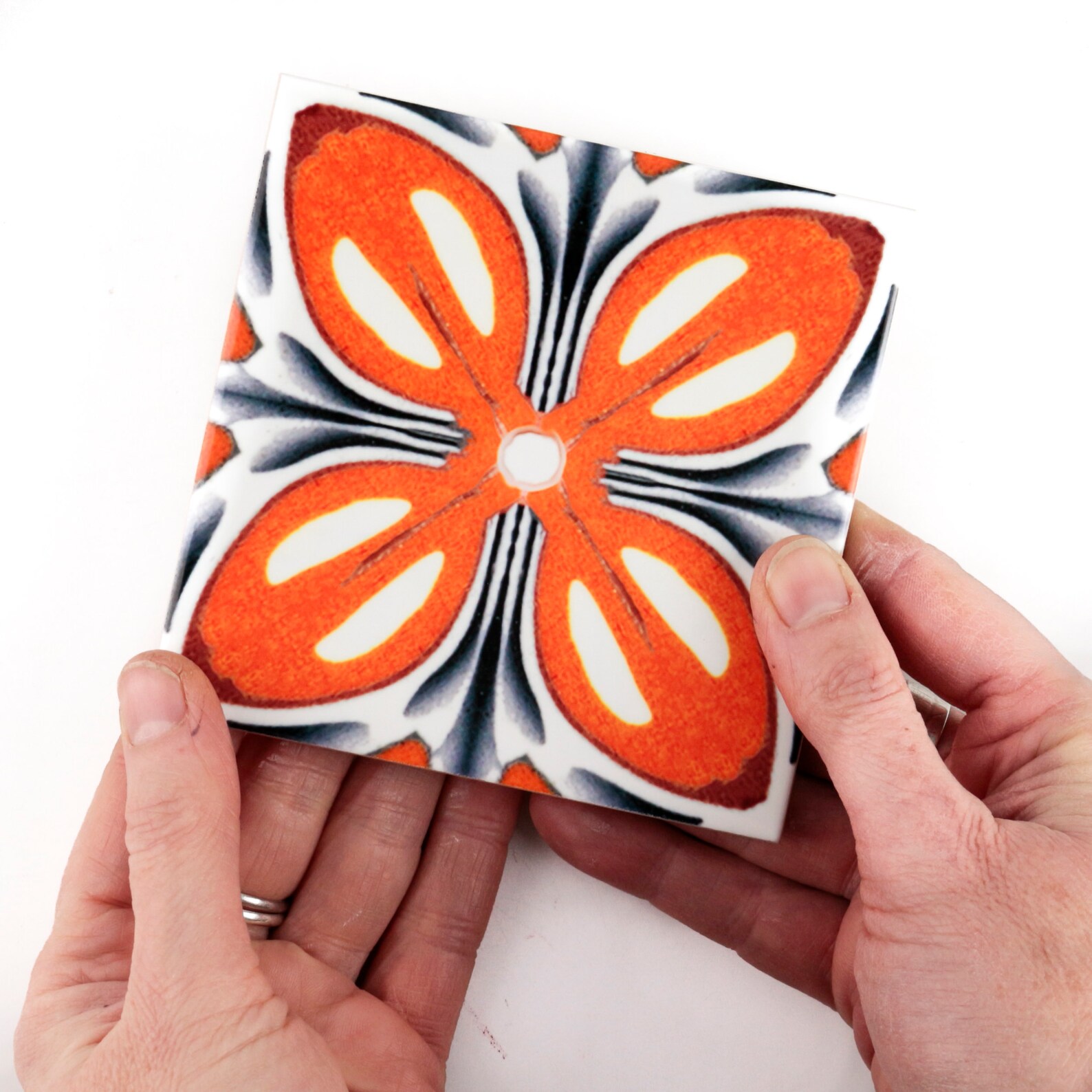 Orange Grey Flower Tiles, Vibrant Splashback Kitchen Tiles, 4 Inch ...