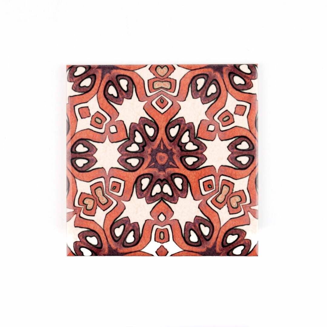 Ochre and Cream Geometric Pattern Kitchen Tiles, 6" Ceramic Decorative ...