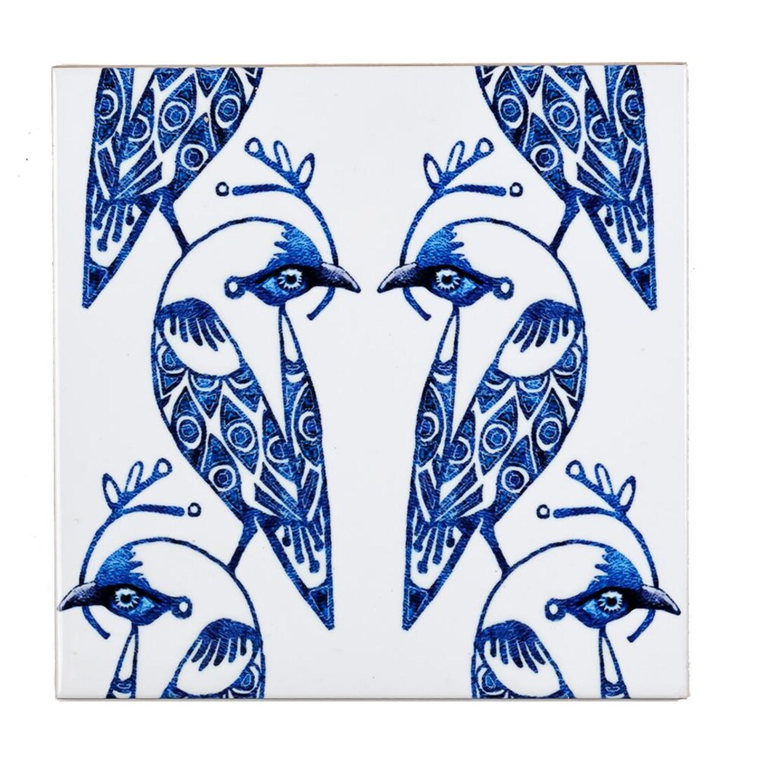 Love Birds Tile, Blue and White Bird Tiles, Unique Handprinted Ceramic ...