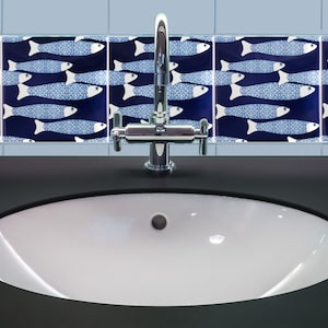 Navy Blue Fish Tile, Ocean Tile Feature Wall, Fish Decor, Pattern ...