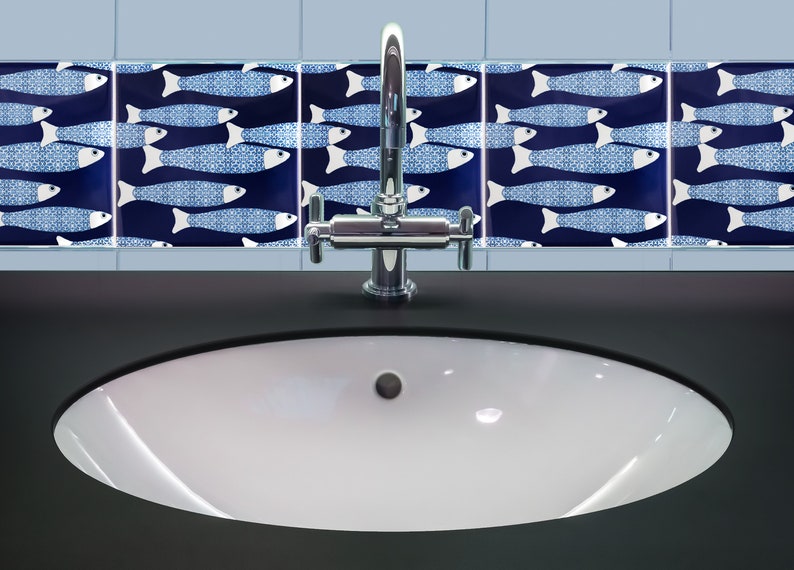 Navy Blue Fish Tile, Ocean Tile Feature Wall, Fish Decor, Pattern ...