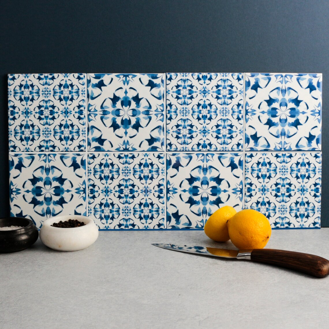 Blue white patchwork tiles 6 inch square tiles delft kitchen | Etsy