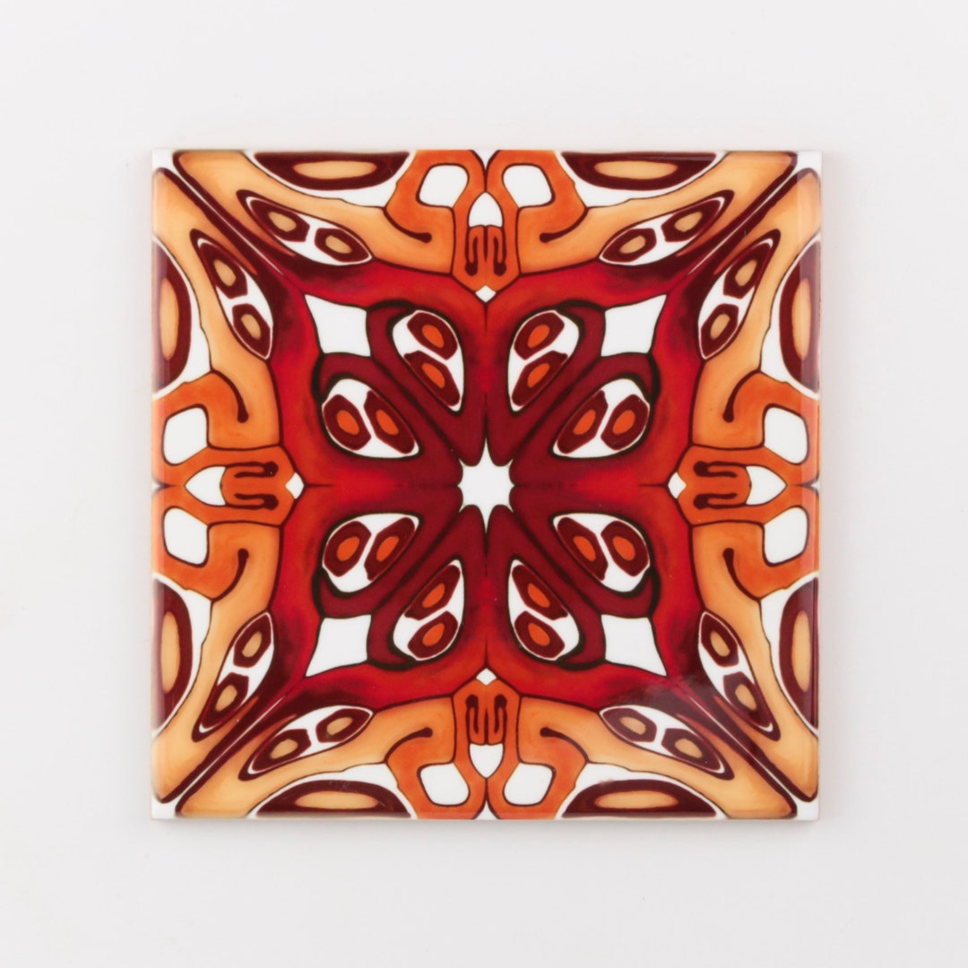 Red Gold Splashback Tiles, Art Deco Handmade Tiles, 6 Inch Iznik ...