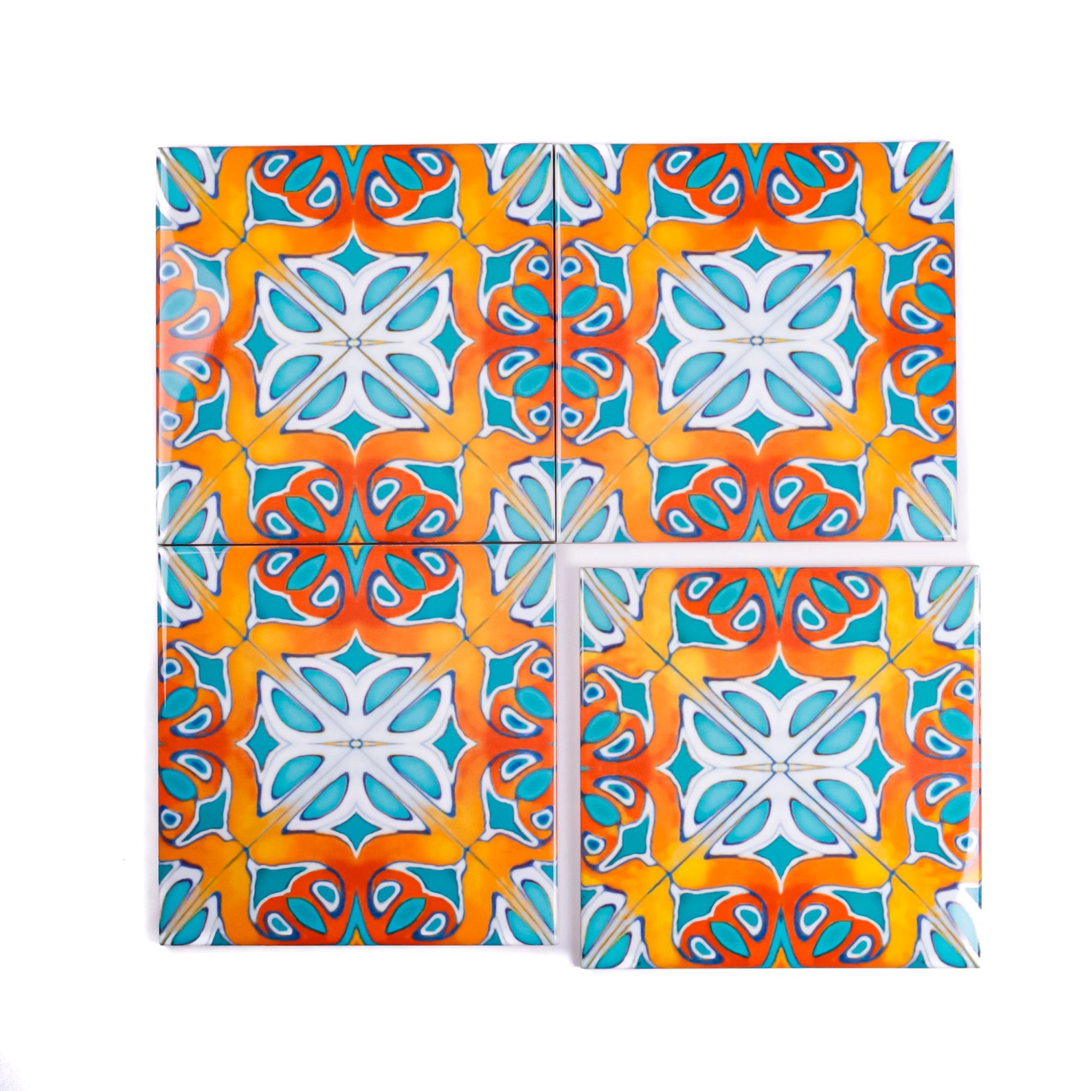 Colourful Moroccan Tiles, Handprinted Blue Orange Ceramic Tiles, Rustic ...