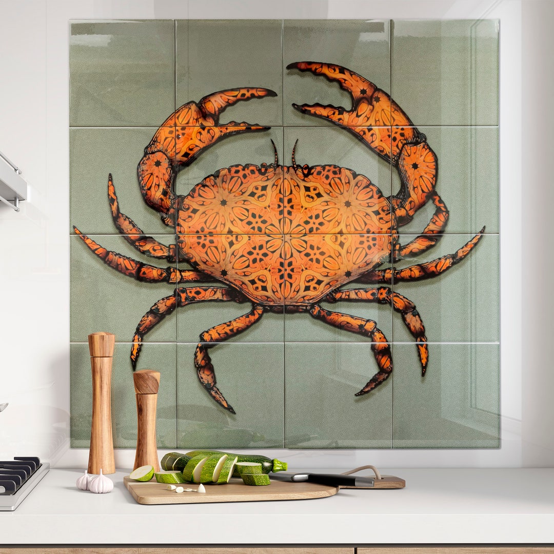 Crab Mural - Ocean Art - Orange Red Crab - Set of 16 Wall Tiles - Chef ...