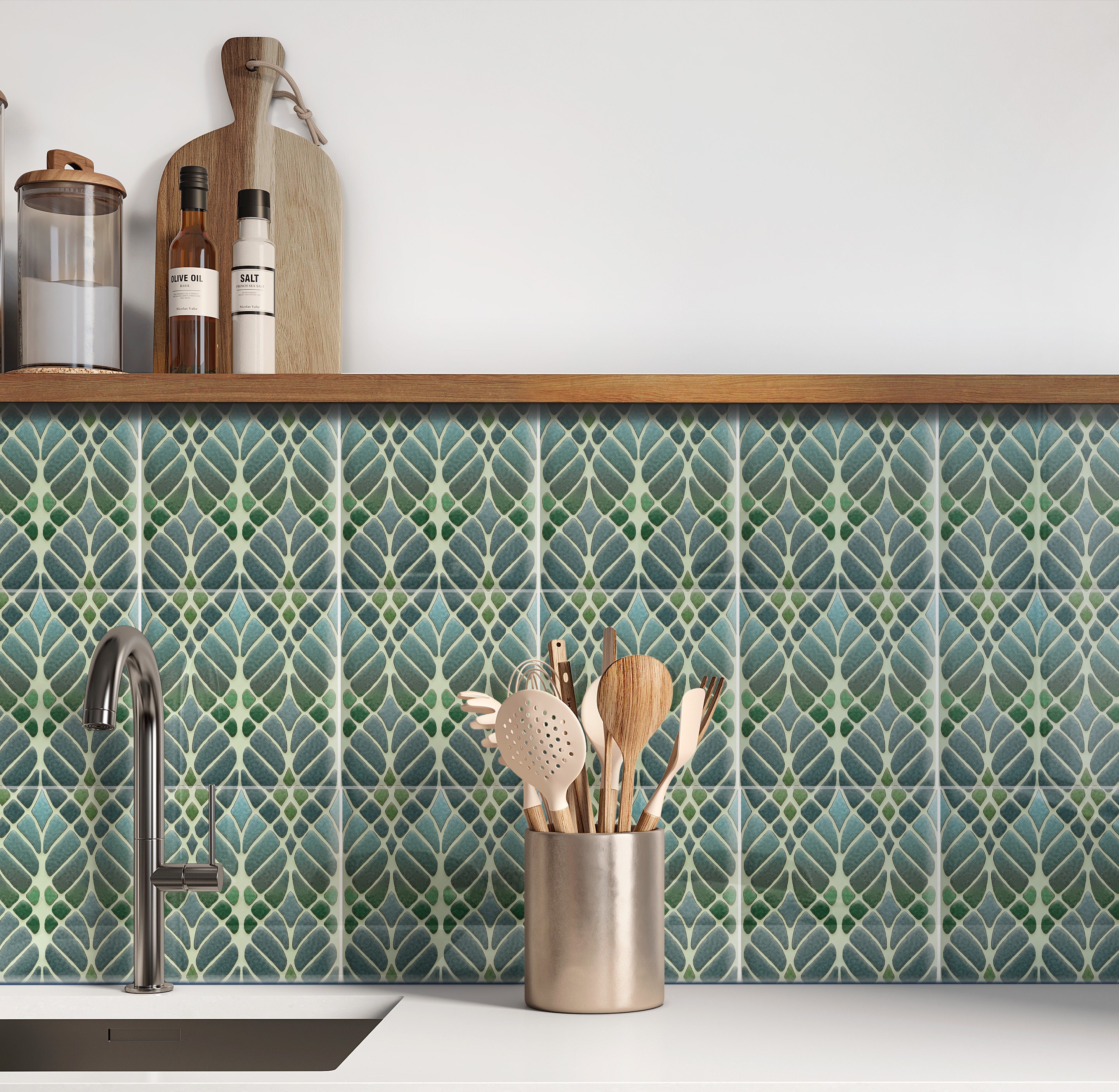 Art Nouveau Tiles, Craftsman Tile Green Blue, Colourful Handprinted ...
