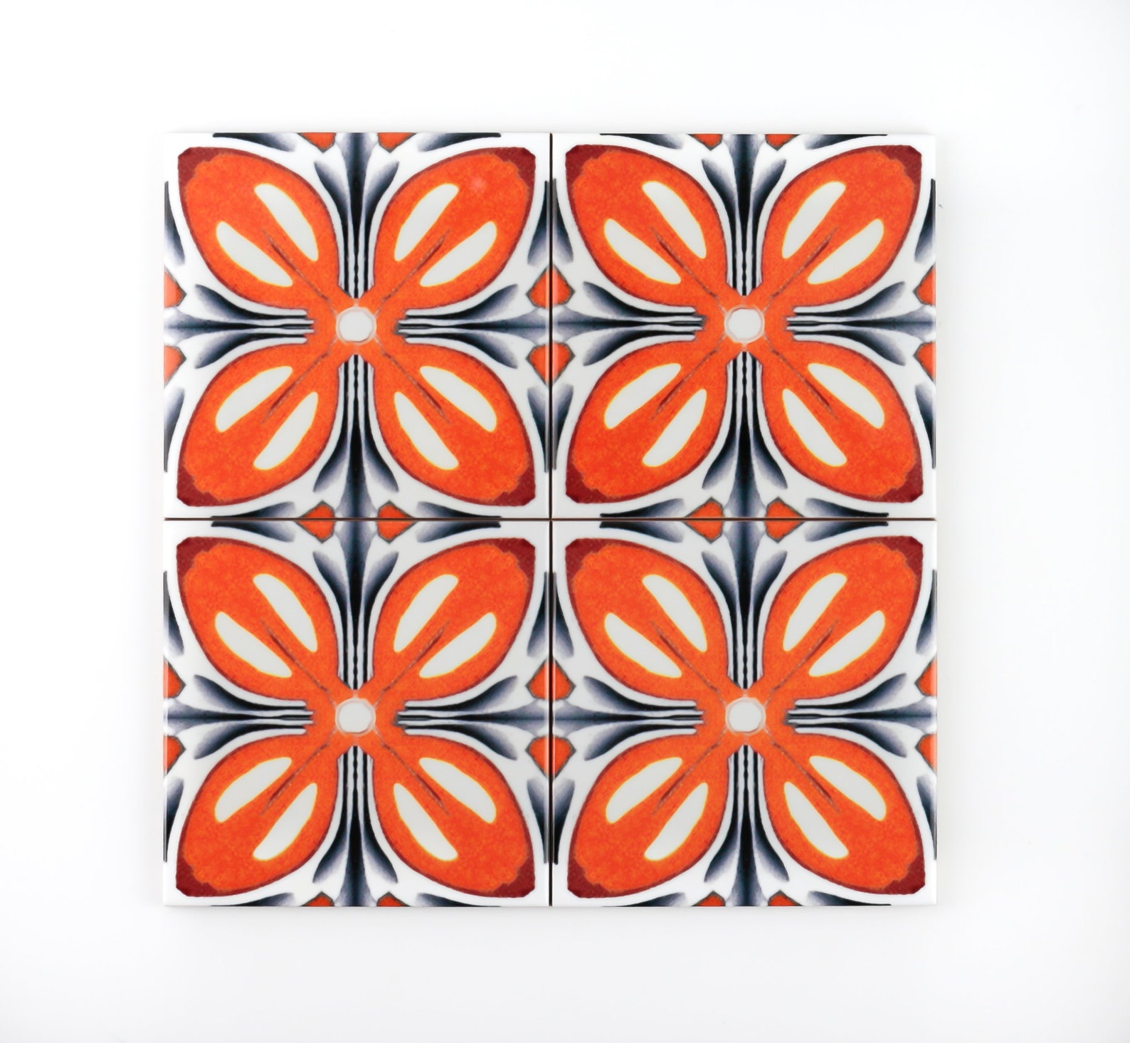 Orange Grey Flower Tiles, Vibrant Splashback Kitchen Tiles, 4 Inch ...