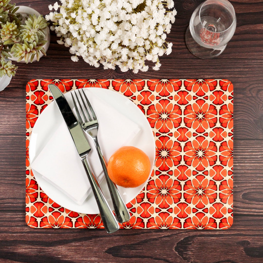 Orange Pink Moroccan Flower Table Mat, Cork Backed, Non Slip, Wipe ...