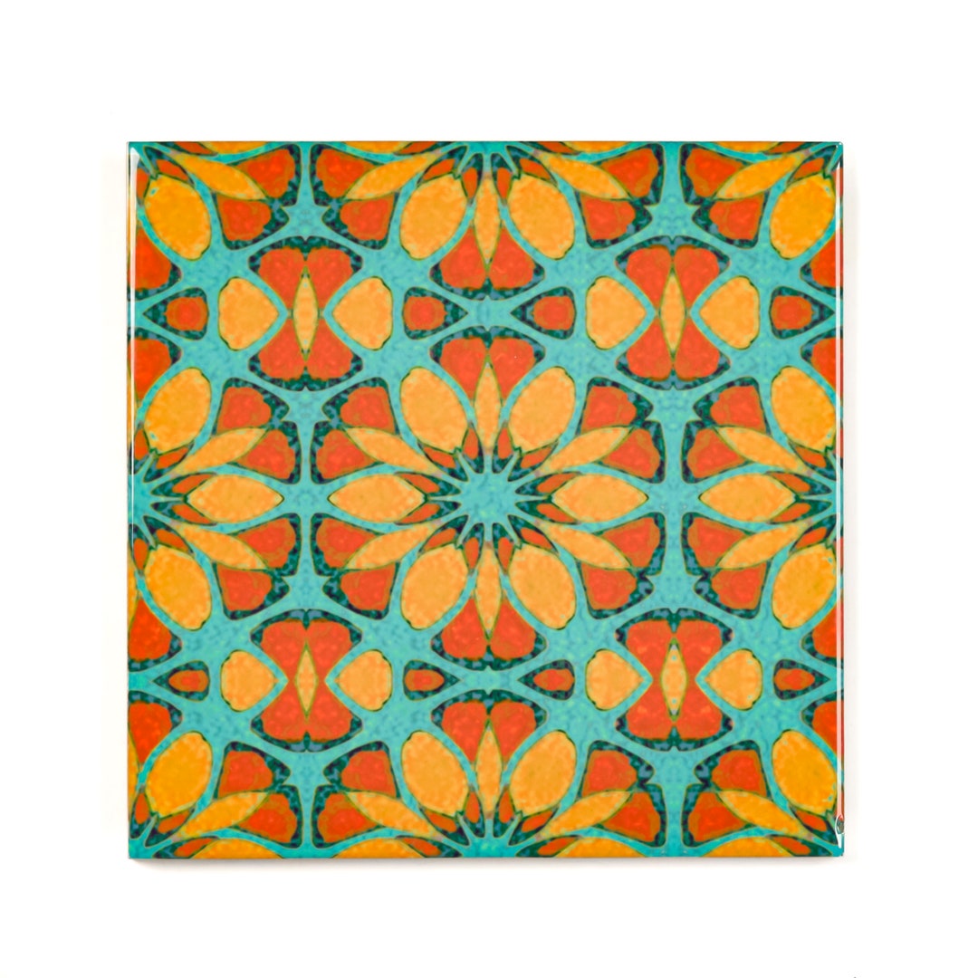 Moroccan Flower Tiles, 6 Inch Blue Orange Ceramic Tiles, Colourful ...