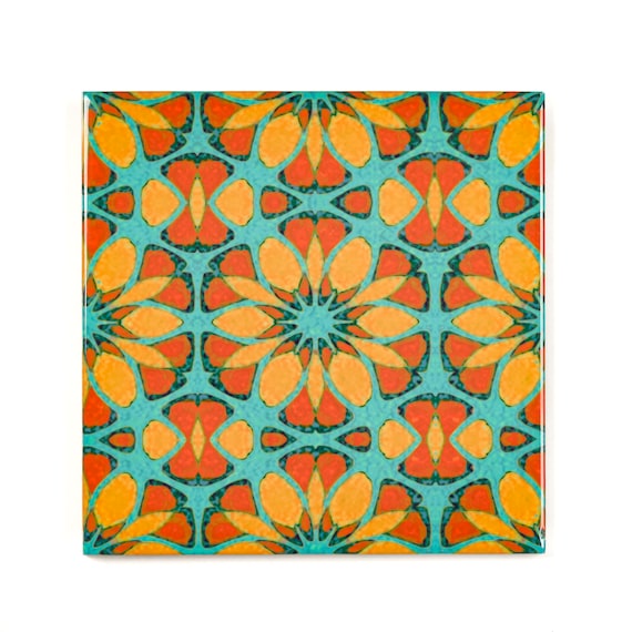 Moroccan Flower Tiles 6 Inch Blue Orange Ceramic Tiles - Etsy