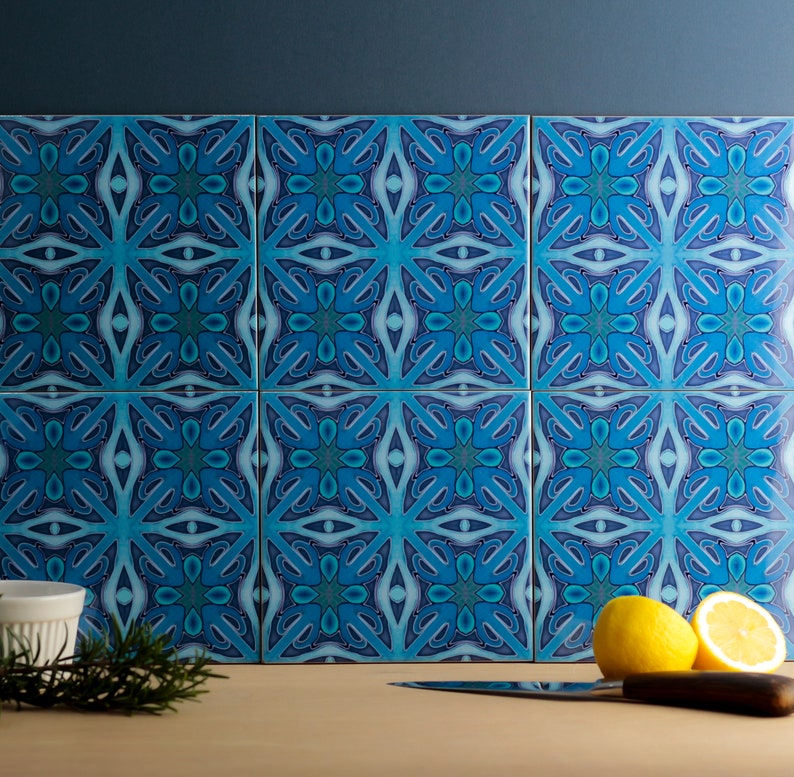 Art Deco Handmade Tiles, Rich Denim Blue Splashback Tiles, Handmade ...