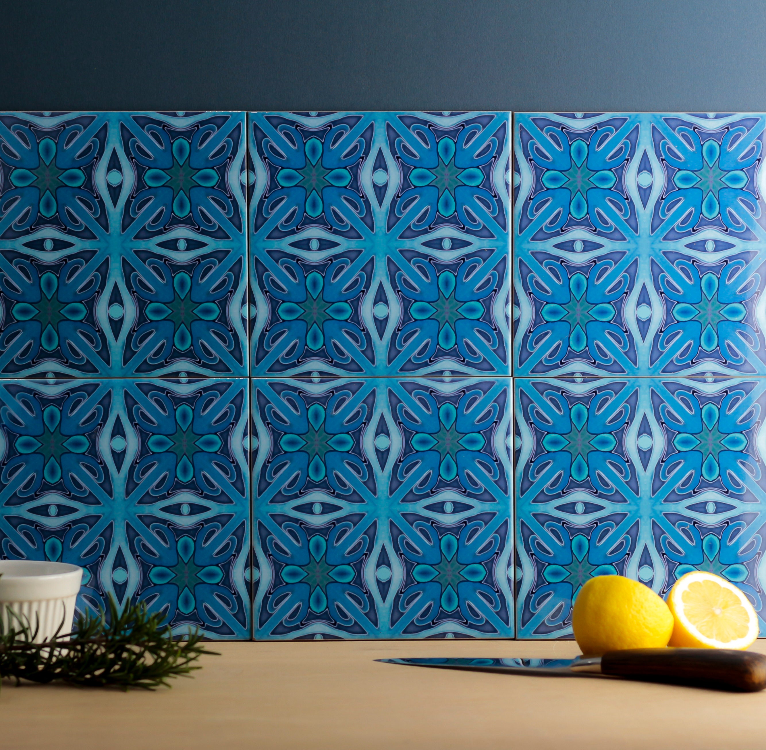 Art Deco Handmade Tiles, Rich Denim Blue Splashback Tiles, Handmade ...