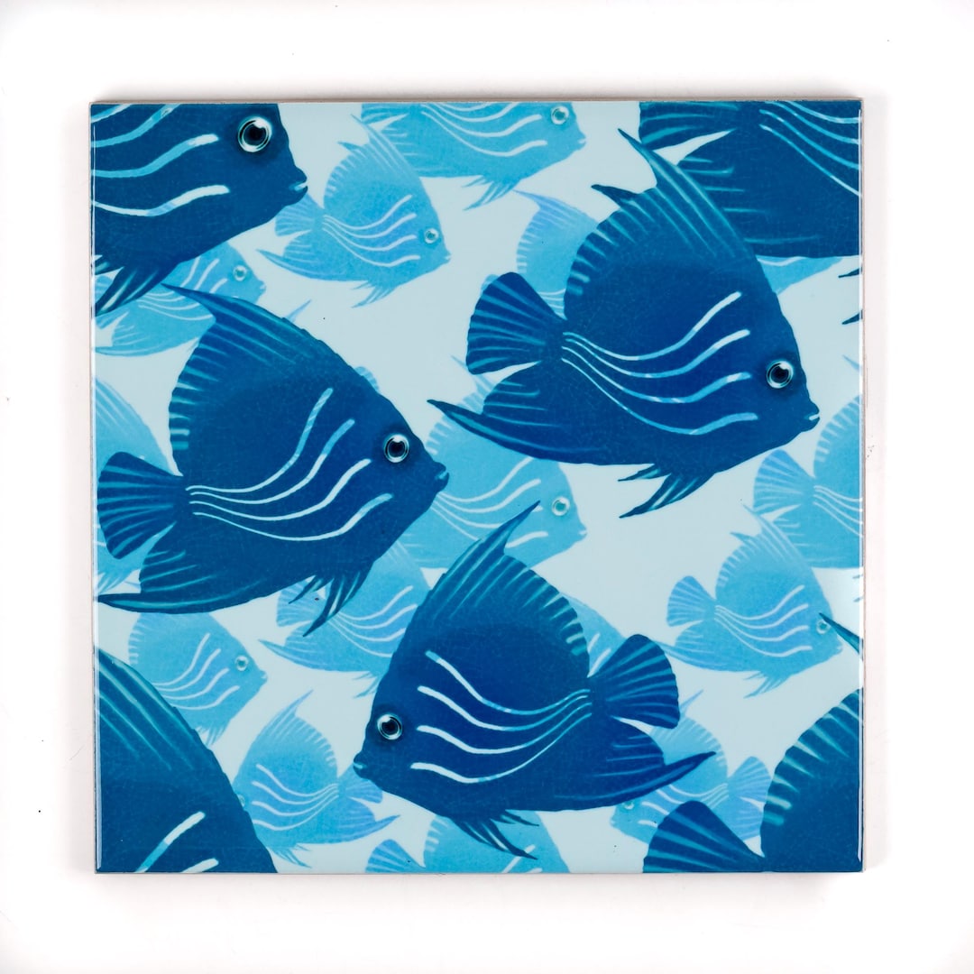 Blue Fish Shoal Tile, Ocean Tile Feature Wall, Beach House Fish Decor ...