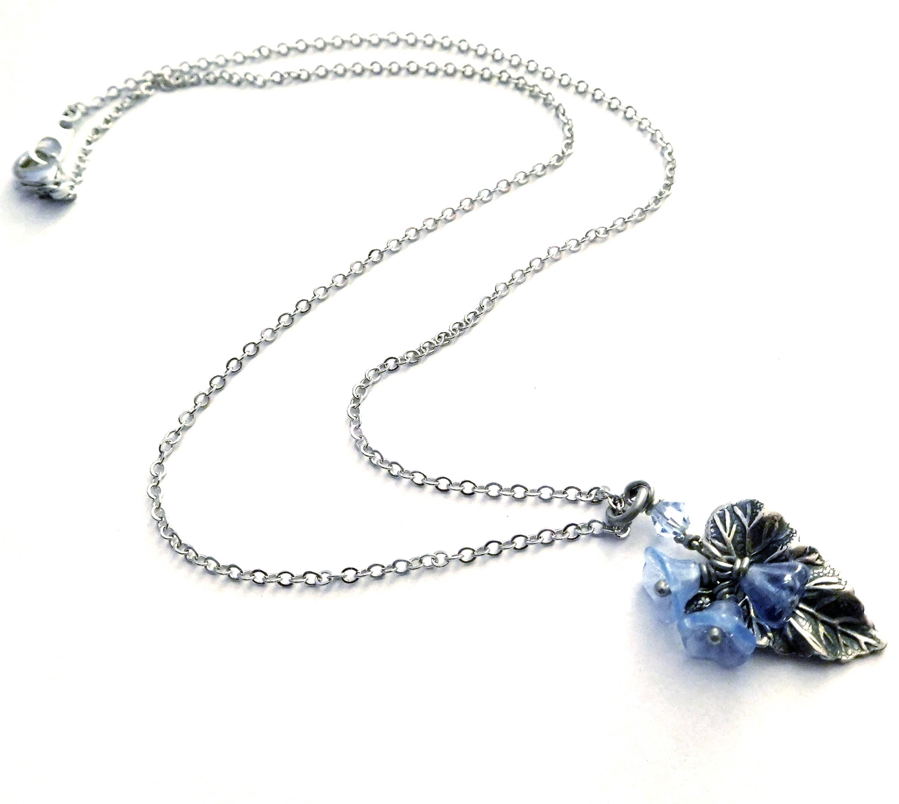 Leaf Pendant Necklace Blue Flower Cluster Necklace Antiqued - Etsy