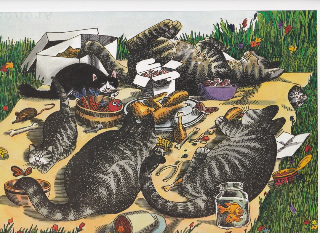 Kliban Cats Vintage Original Print Cats Having a Picnic and Over Eating ...