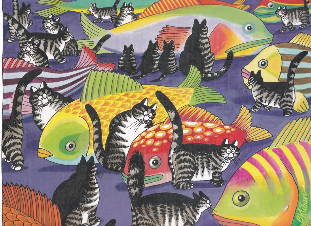 Kliban Cats Vintage Original Print Cats Checking Out the Fish Large ...