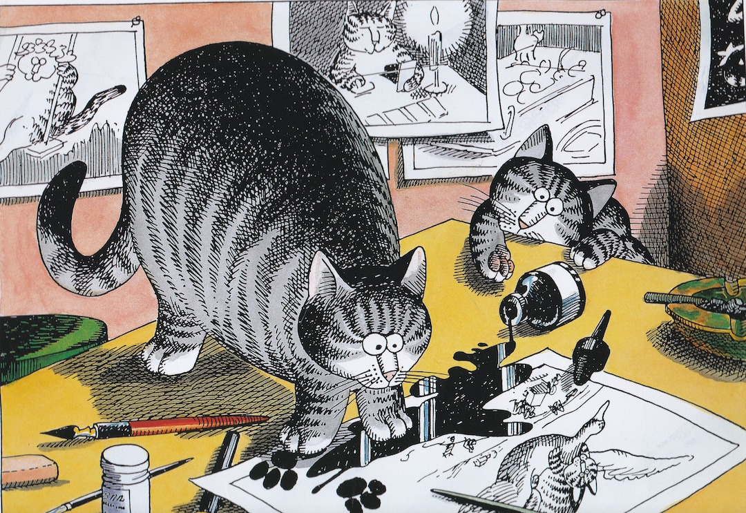Kliban Cats Vintage Original Print Cats Spilled Ink on Art Work Large ...
