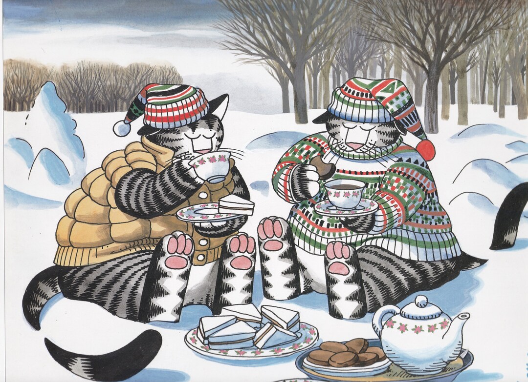 Kliban Cats Vintage Original Print Cat Having Tea/coffee/cookies in ...