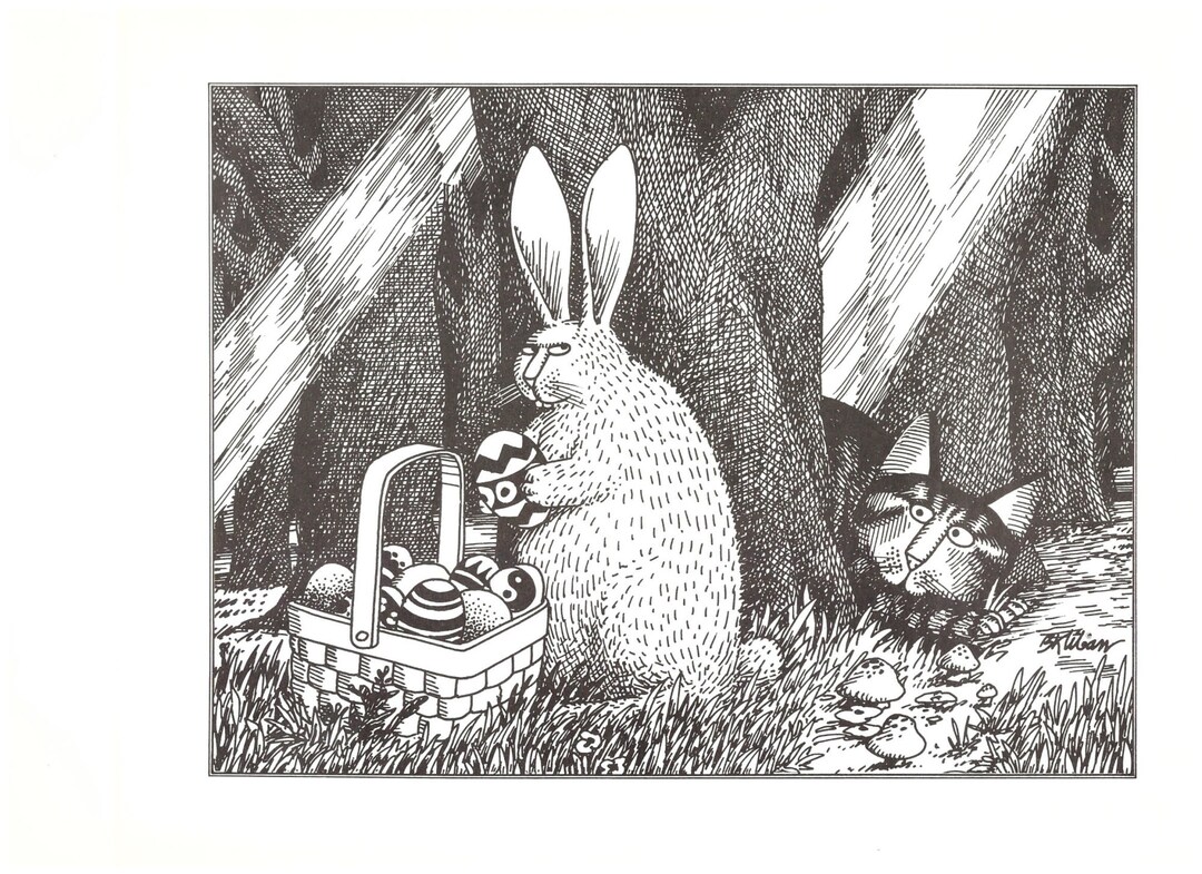 Kliban Cats Vintage Original Print Cat Checking Out the Easter Bunny 20 ...