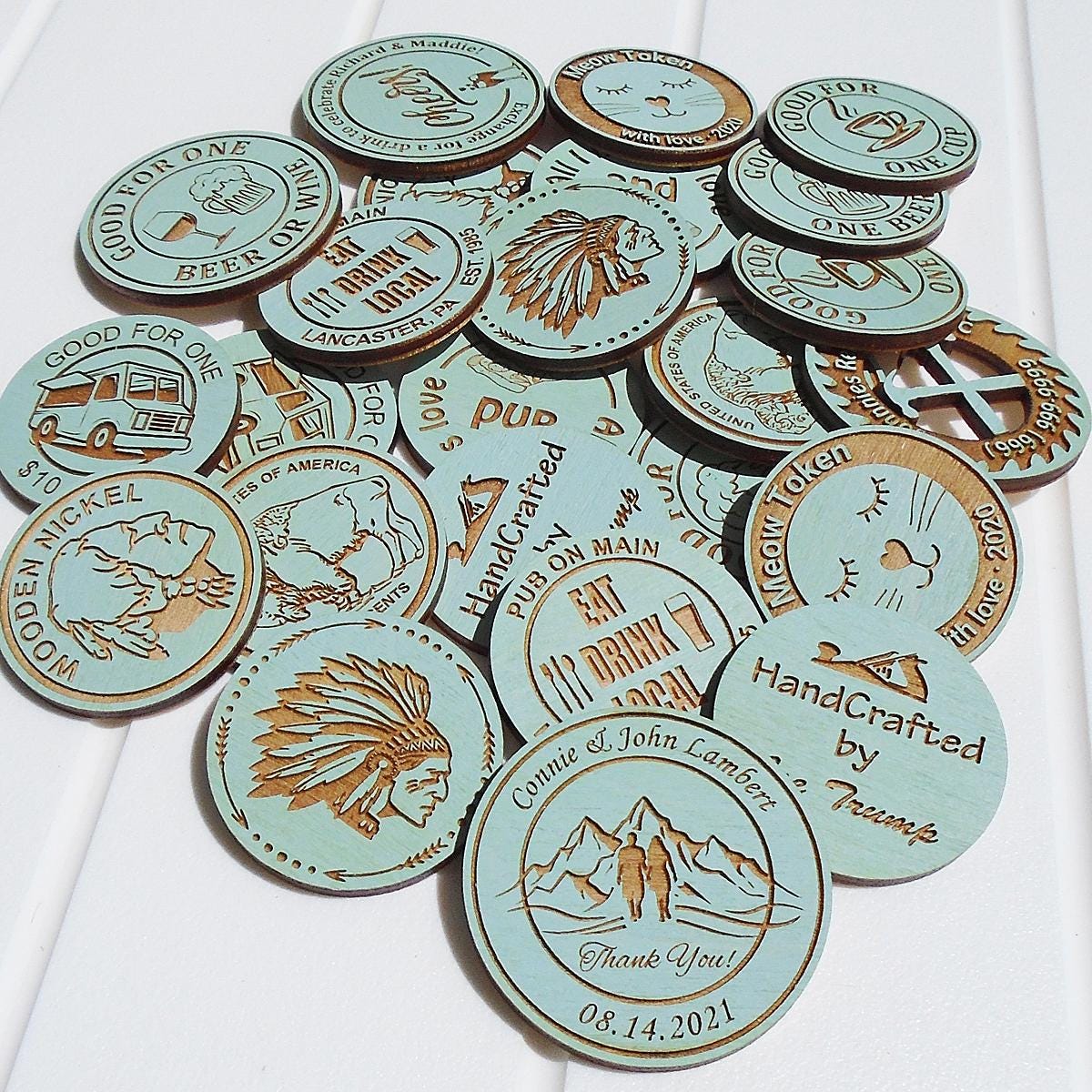Custom 2S Engraved Color Wood Tokens: Wedding Favors, Challenge Coins ...