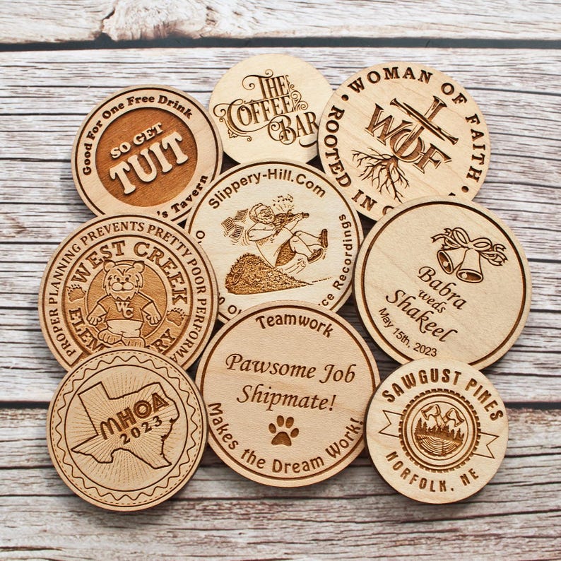Custom 2S Engraved Maple Wood Tokens: Wedding Favors, Drink Tickets ...