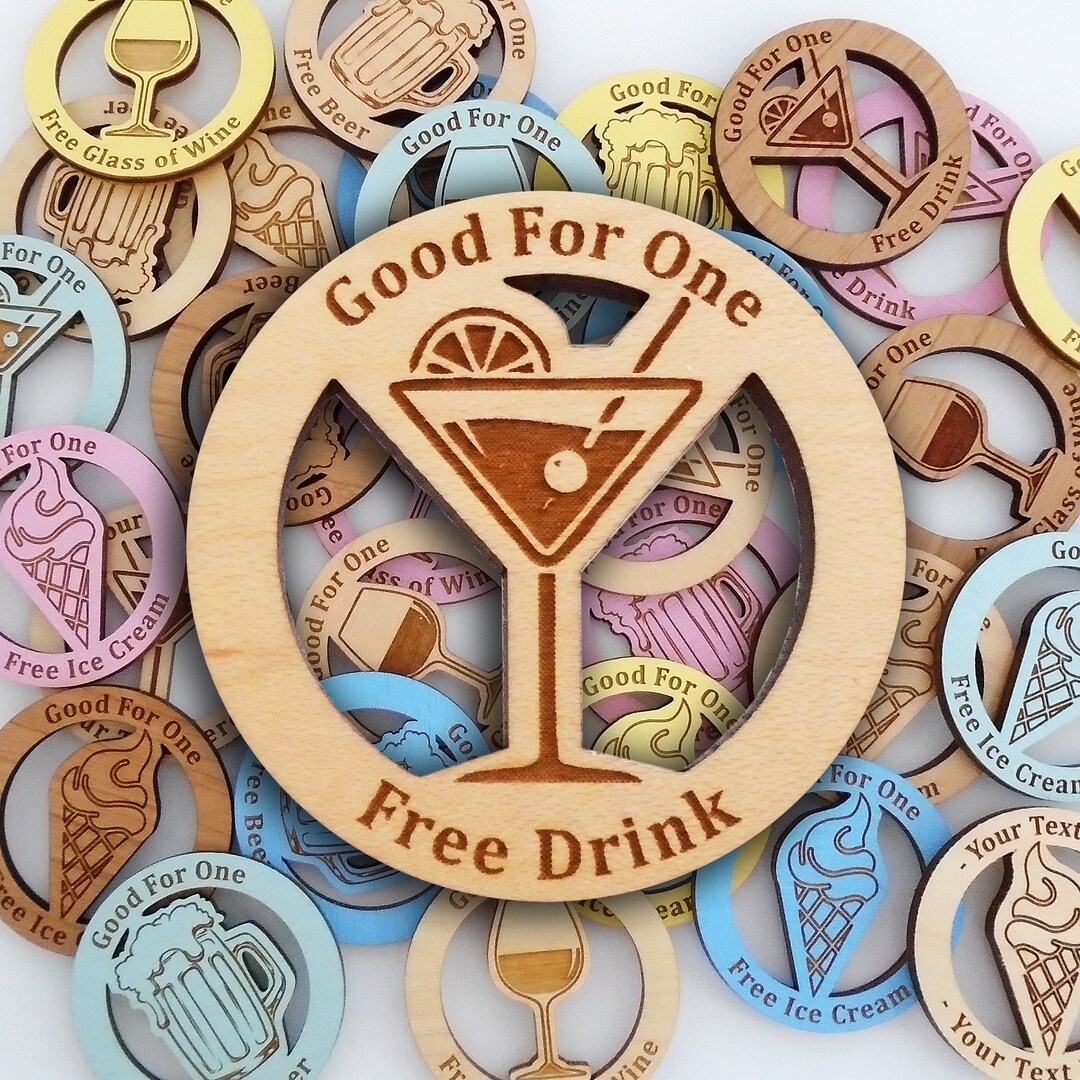 Wooden Free Cocktail Tokens - 1.75" Diameter - Custom Back Side ...