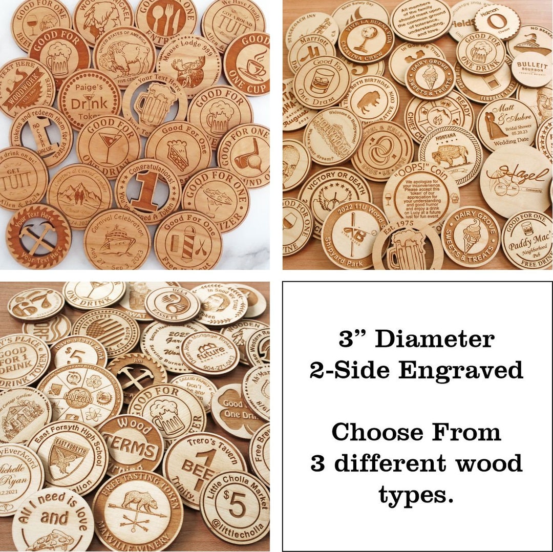 3 2-side Custom Engraved Wood Tokens - Etsy