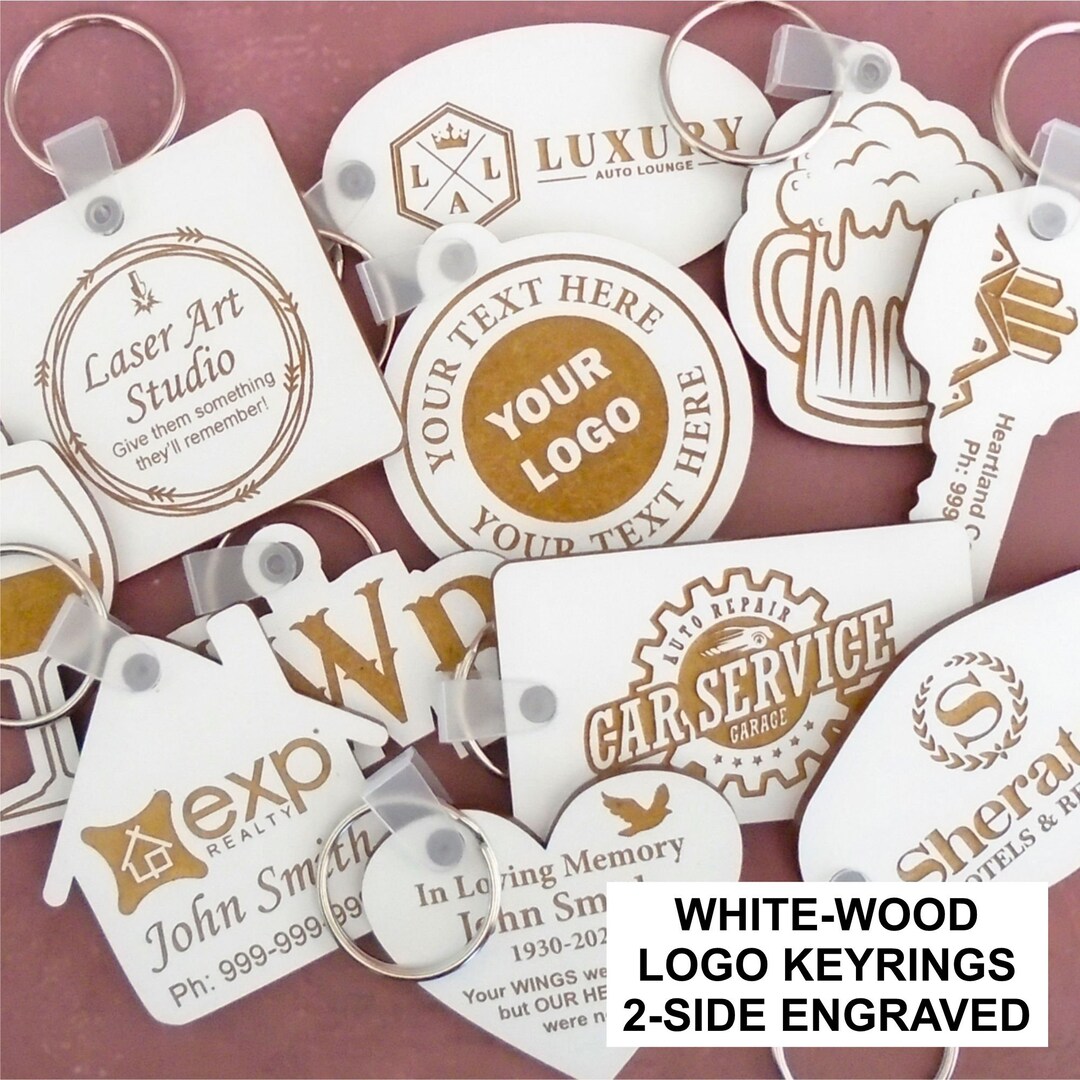 White-wood Keyrings - 2-sides Engraved Custom Keychains, Branded Logo ...