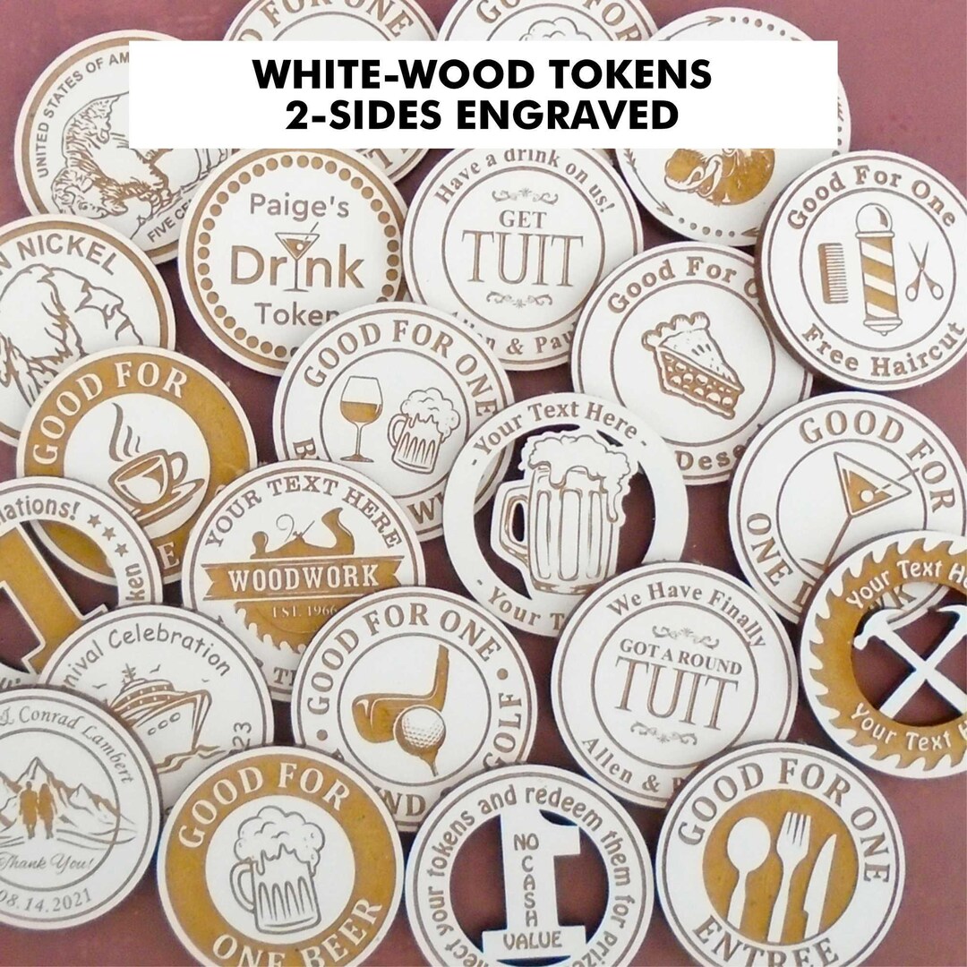 Custom 2-side Engraved White Wood Tokens, Wooden Nickel, Wedding Token ...
