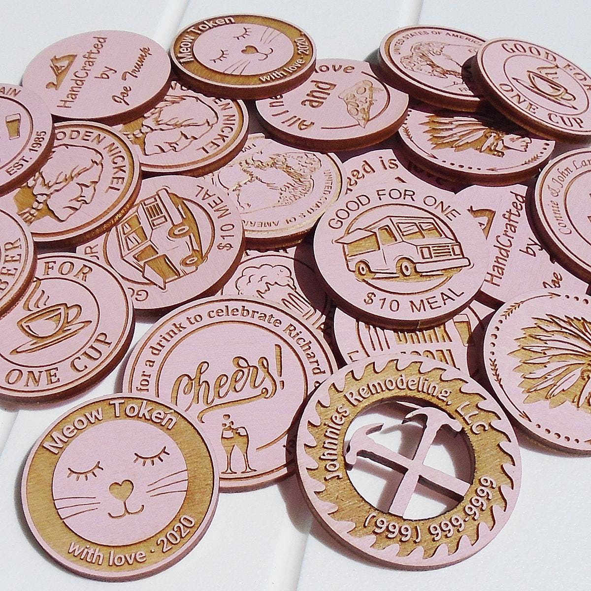Custom 2S Engraved Color Wood Tokens: Wedding Favors, Challenge Coins ...