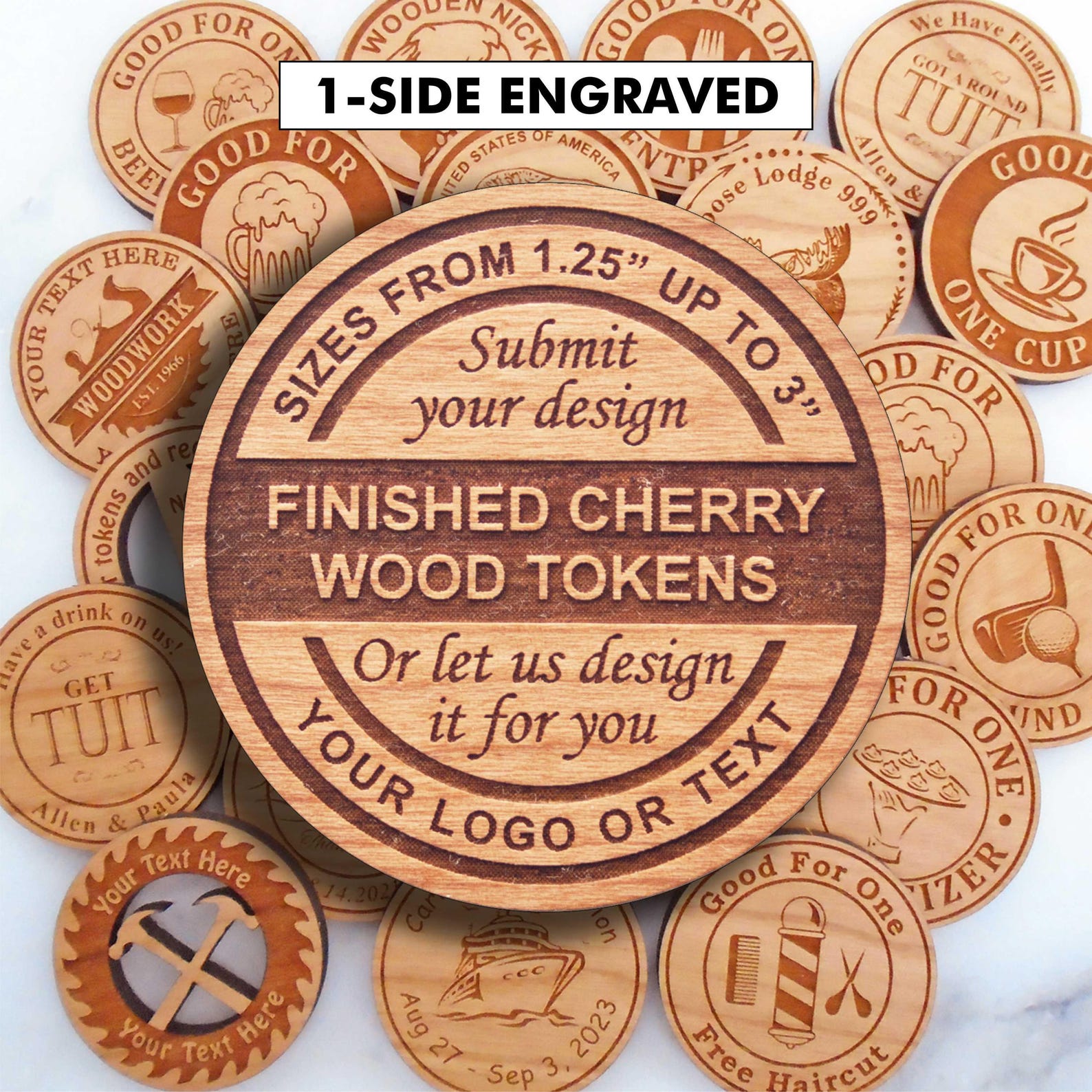 Custom 1S Engraved Cherry Wood Tokens: Wedding Favors, Challenge Coins ...