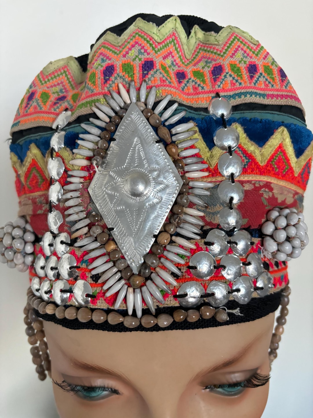 Vintage Hmong Hat, Tribal Shell Embroidery, Southeast Asian Attire - Etsy