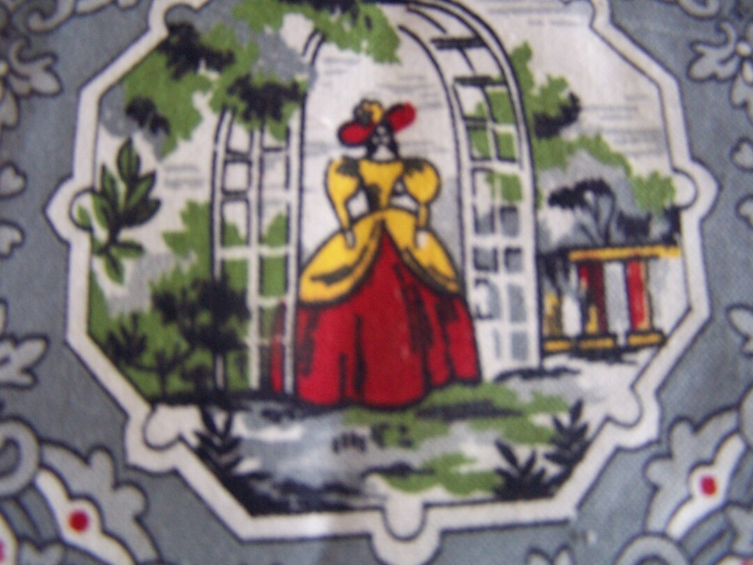 Vintage Fabric, Colonial Scenes, Colorful. Free Shipping. - Etsy