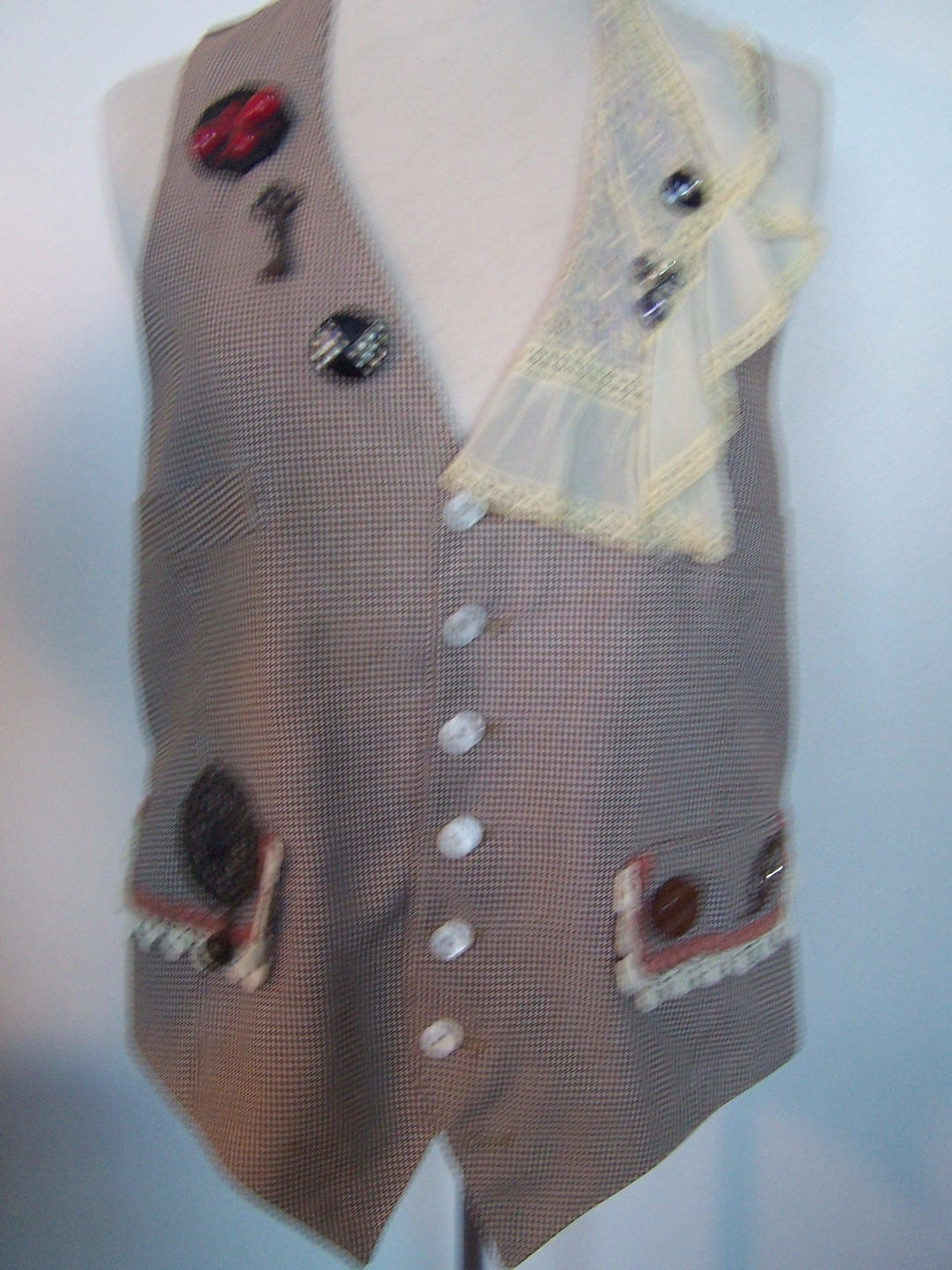 Altered Couture, Vest Trimmed With Vintage Brooch, Buttons. and Laces ...