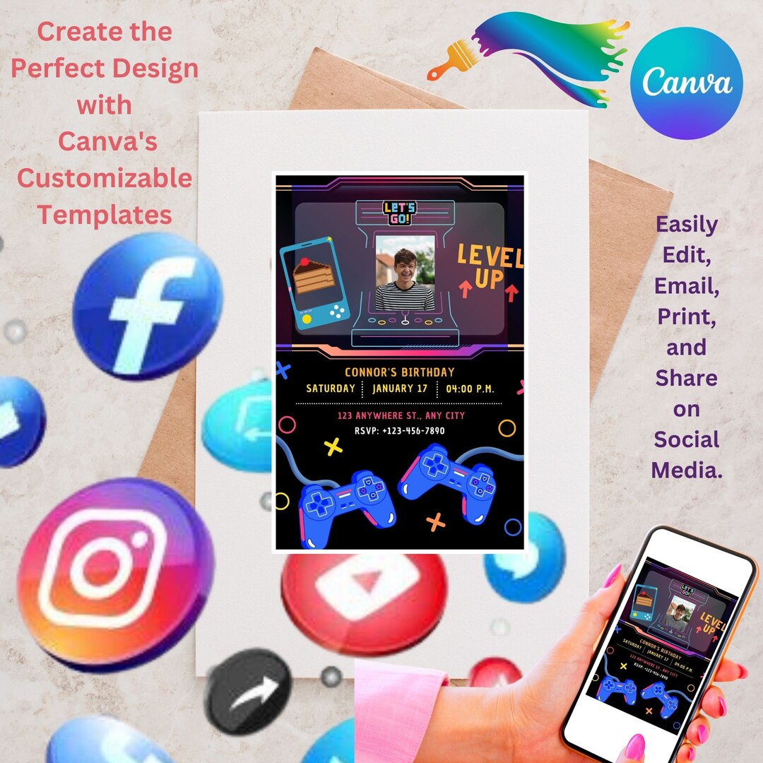 Boy Gamer Invitation Printable Birthday Invitation Editable Invite ...