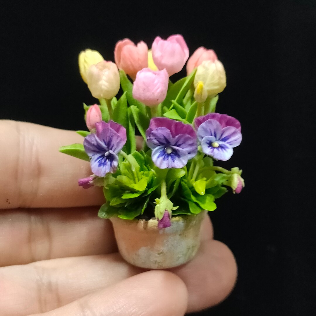 Dollhouse Miniatures HANDMADE Flower Clay Garden Tulip & Pansies Flower ...