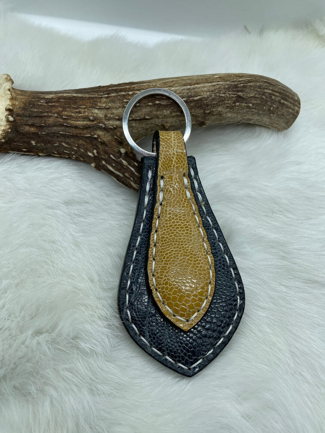 Ostrich Leg Leather Keychain, Blue Keychain, Blue Key Fob, Leather ...